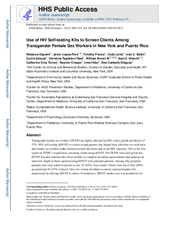 Pdf Use Of Hiv Self Testing Kits To Screen Clients Among Transgender 2551