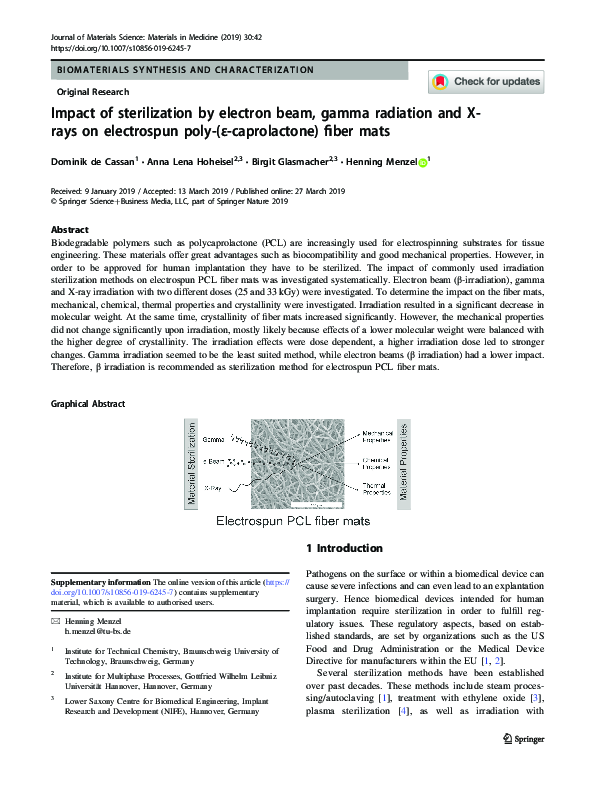 (PDF) Impact of sterilization by electron beam, gamma radiation and X-rays on electrospun poly ...