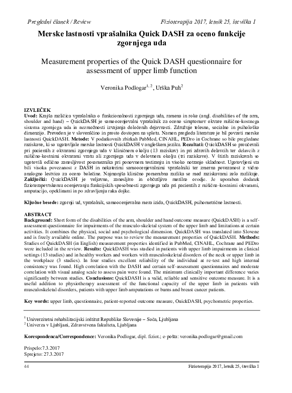 (PDF) Measurement properties of the Quick DASH questionnaire for ...