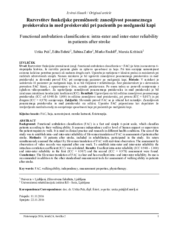 (PDF) Functional ambulation classification | Urška Puh - Academia.edu