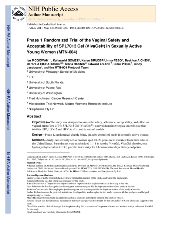 (PDF) Phase 1 randomized trial of the vaginal safety and acceptability ...