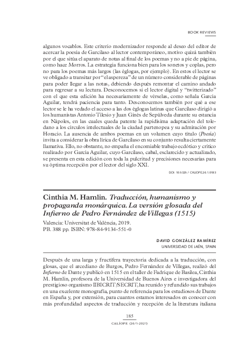 (PDF) David González Ramírez, Reseña crítica a "Hamlin, Traduccion ...