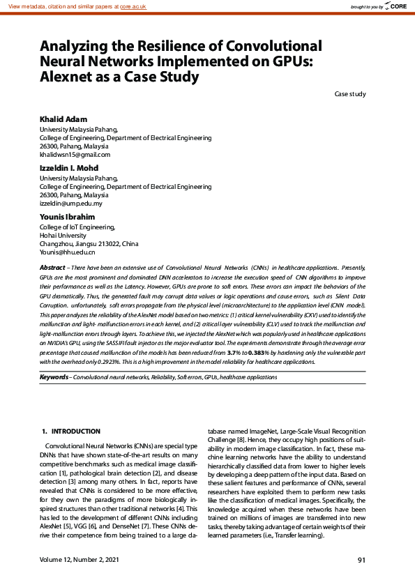 Pdf Analyzing The Resilience Of Convolutional Neural Networks Implemented On Gpus