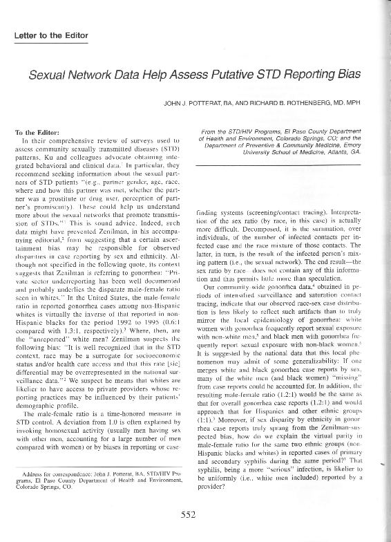 (PDF) Sexual Network Data Help Assess Putative STD Reporting Bias
