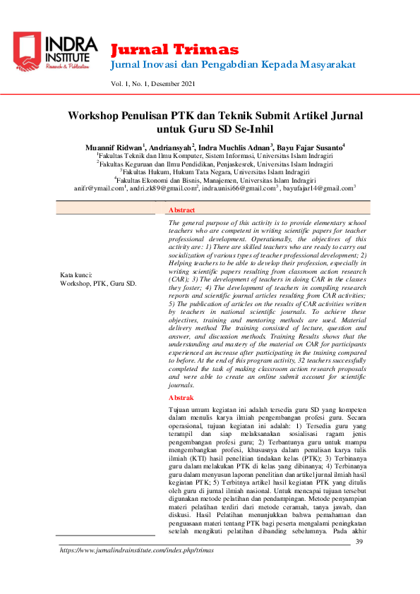 (PDF) Workshop Penulisan PTK dan Teknik Submit Artikel Jurnal untuk Guru SD Se-Inhil