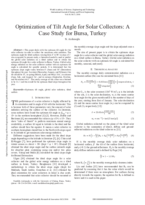 (PDF) Optimization Of Tilt Angle For Solar Collectors: A Case Study For ...