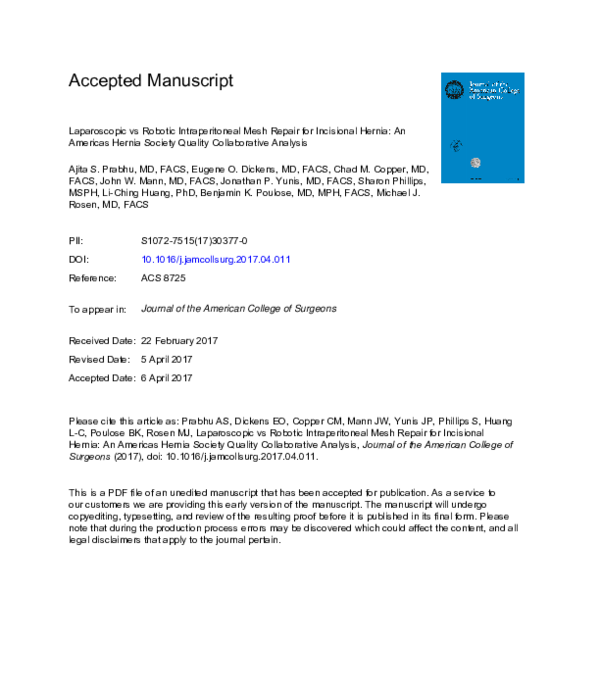 (PDF) Laparoscopic vs Robotic Intraperitoneal Mesh Repair for ...