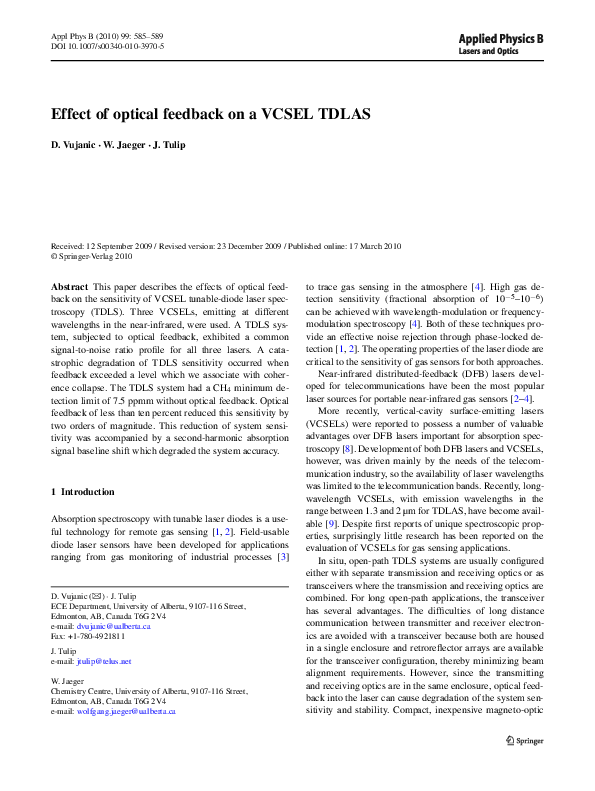(PDF) Effect of optical feedback on a VCSEL TDLAS