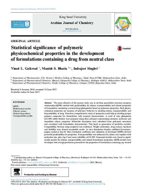 (PDF) Statistical Significance of Polymeric Physicochemical Properties in Development of ...