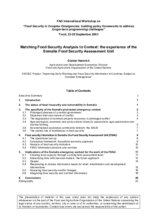 (PDF) Matching Food Security Analysis to Context: the Experience of the ...