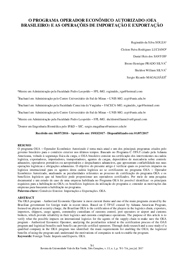 (PDF) O Programa Operador Econômico Autorizado (Oea Brasileiro) e as ...