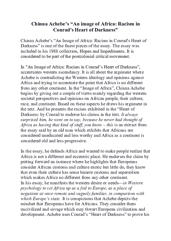 (DOC) Analysis of Chinua Achebe's "An image of Africa: Racism in Conrad ...