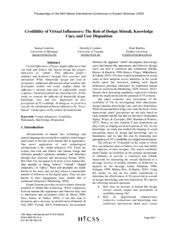 (PDF) Credibility of Virtual Influencers: The Role of Design Stimuli ...