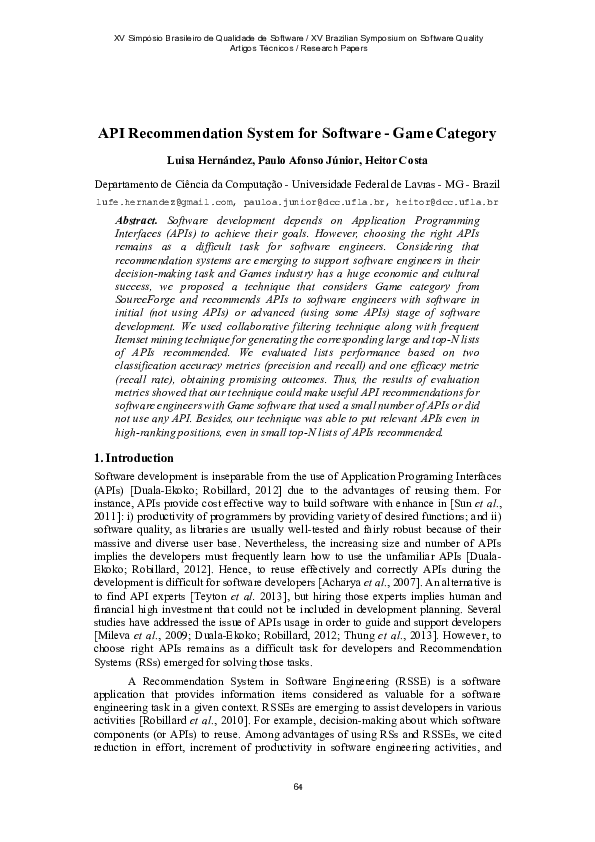 (PDF) API Recommendation System for Software - Game Category | luisa hernandez - Academia.edu