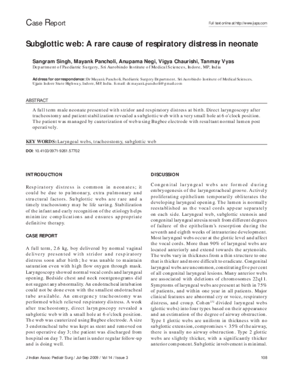 (PDF) Subglottic web: A rare cause of respiratory distress in neonate