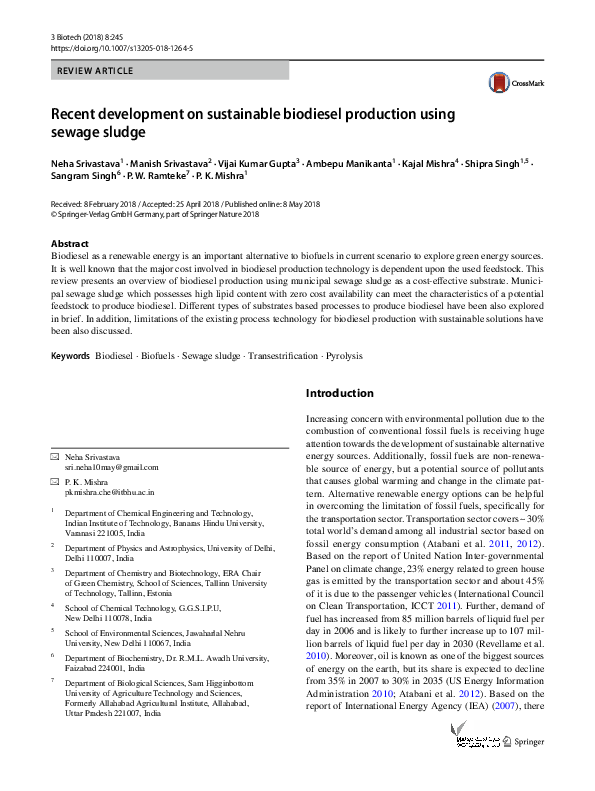 (PDF) Recent development on sustainable biodiesel production using sewage sludge