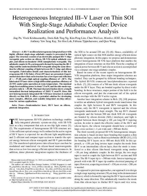 (PDF) Heterogeneous Integrated III-V Laser on Thin SOI with Single ...