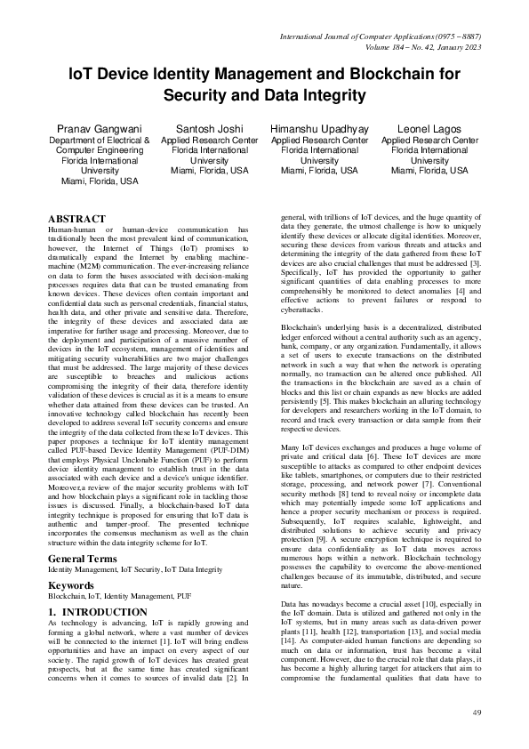 Pdf Iot Device Identity Management And Blockchain For Security And Data Integrity 