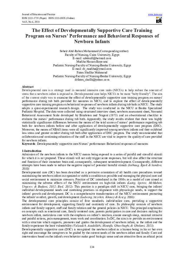 (PDF) The Effect of Developmentally Supportive Care Training Program on Nurses' Performance and ...