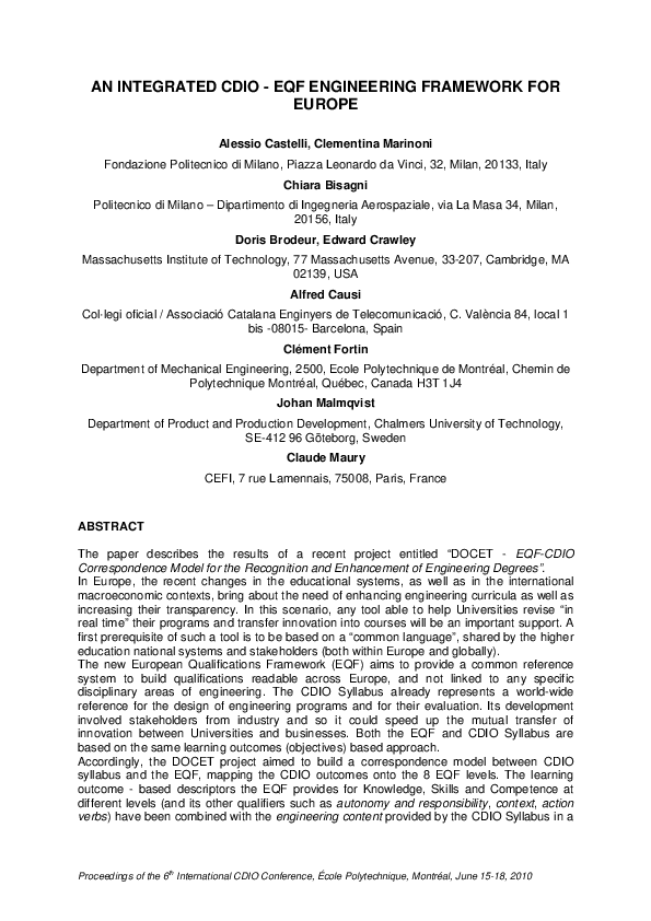 (PDF) An Integrated CDIO-EQF Framework for Europe | Alessio Castelli ...