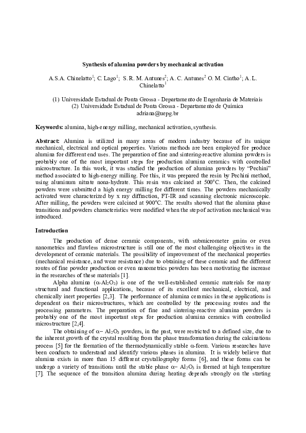 (PDF) Synthesis of Alumina Powders by Mechanical Activation