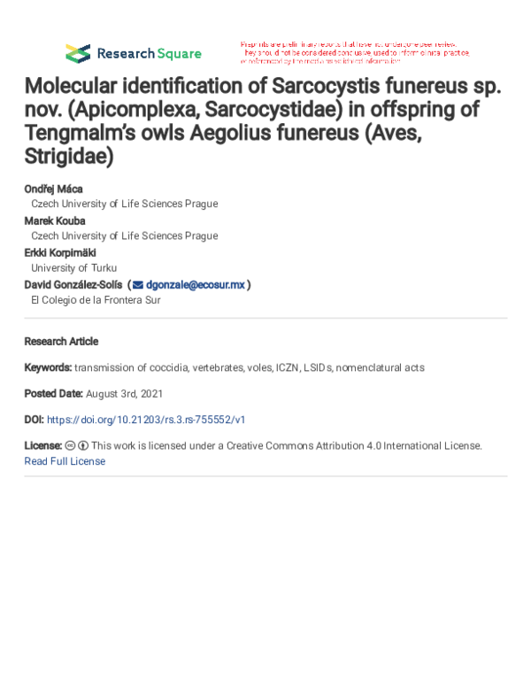 (PDF) Molecular identification of Sarcocystis funereus sp. nov ...