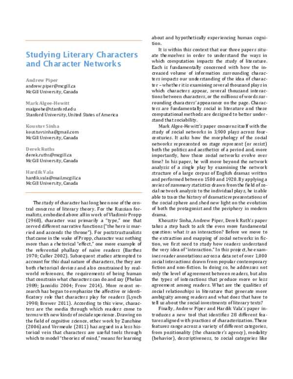 (PDF) Studying Literary Characters and Character Networks