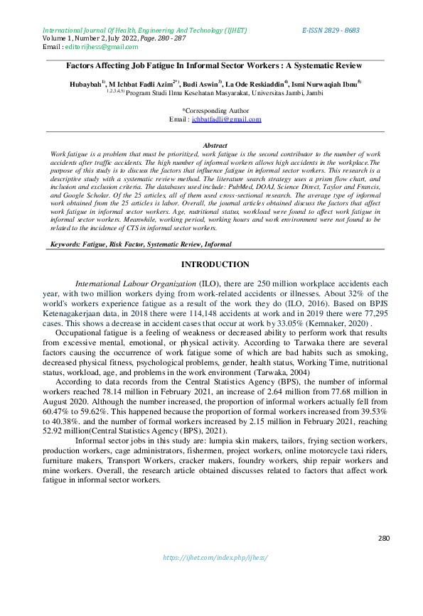 (PDF) Factors Affecting Job Fatigue In Informal Sector Workers : A ...