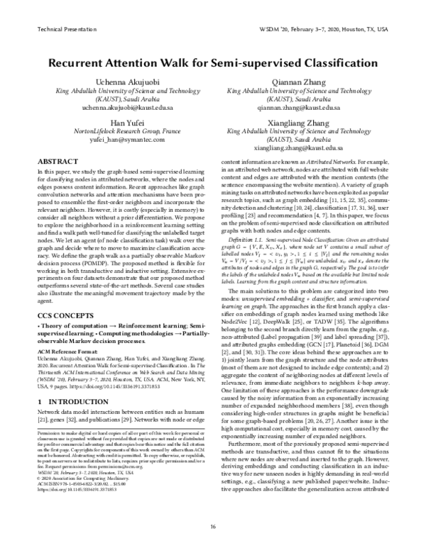 (PDF) Recurrent Attention Walk for Semi-supervised Classification