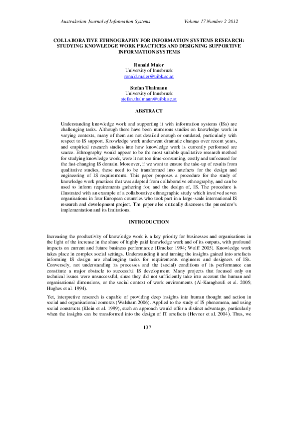 (PDF) Collaborative ethnography for information systems research Studying knowledge work ...