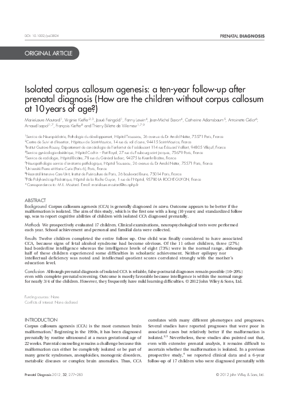 (PDF) Isolated corpus callosum agenesis: a ten-year follow-up after ...