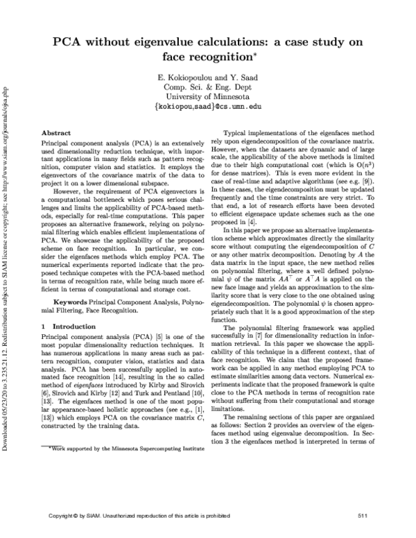 (PDF) PCA without eigenvalue calculations: a case study on face recognition