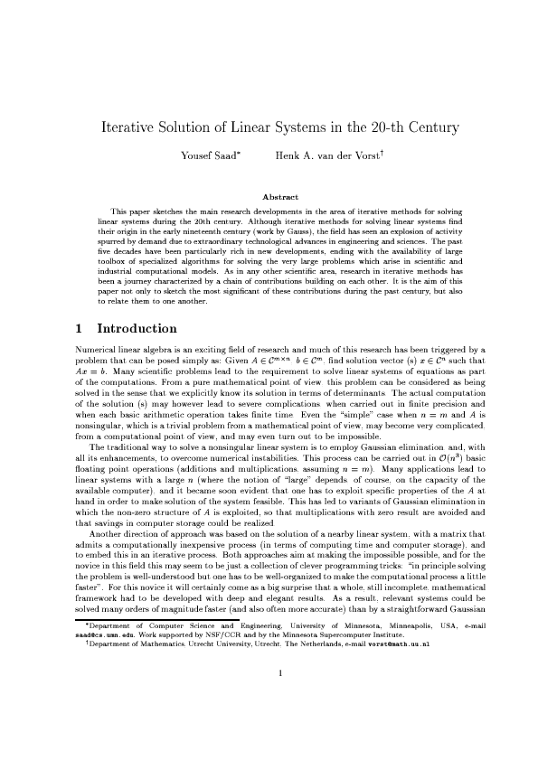 (PDF) Iterative solution of linear systems in the 20th century