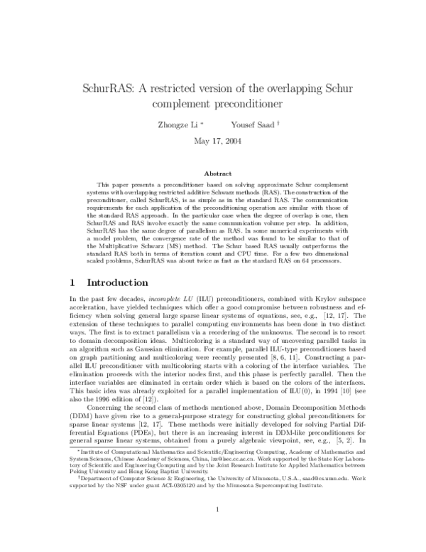 (PDF) SchurRAS: A Restricted Version of the Overlapping Schur Complement Preconditioner