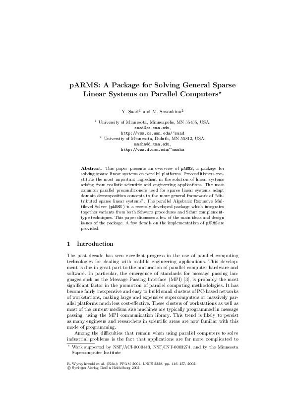 (PDF) pARMS: A Package for Solving General Sparse Linear Systems on Parallel Computers