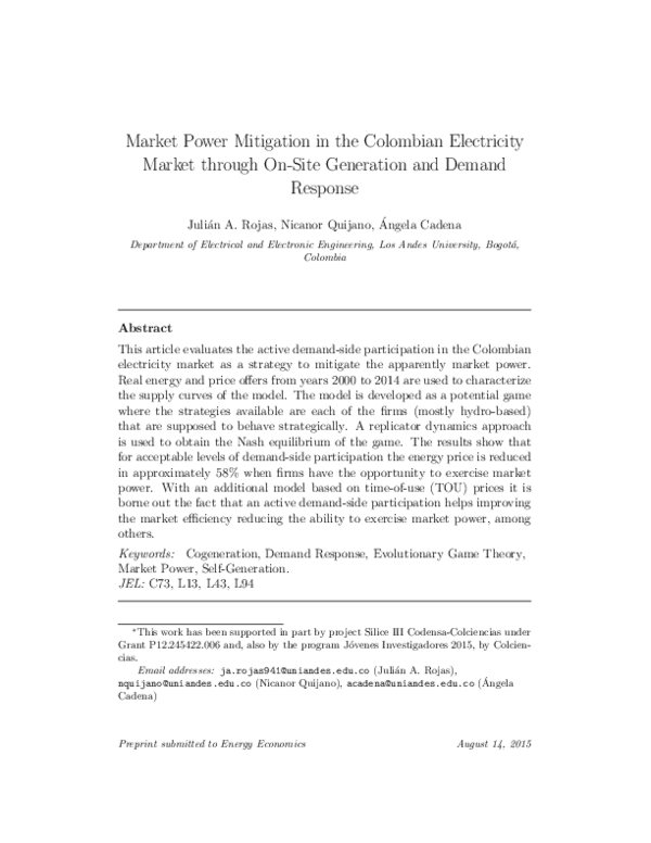 (PDF) Market power mitigation in the Colombian electricity market through on-site generation and ...