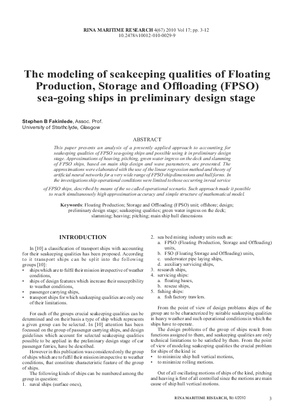 Pdf The Modeling Of Seakeeping Qualities Of Floating Production Storage And Offloading Fpso