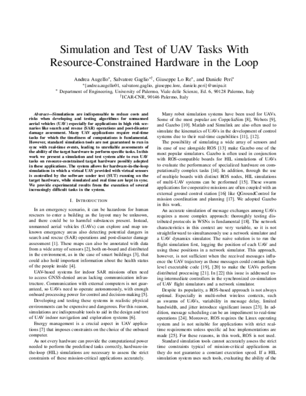 Pdf Simulation And Test Of Uav Tasks With Resource Constrained Hardware In The Loop Andrea
