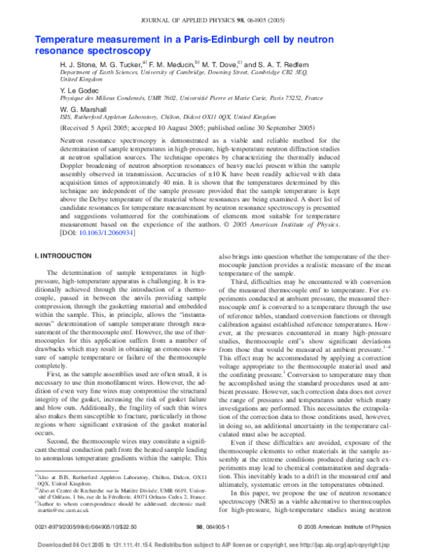 (PDF) Temperature measurement in a Paris-Edinburgh cell by neutron ...