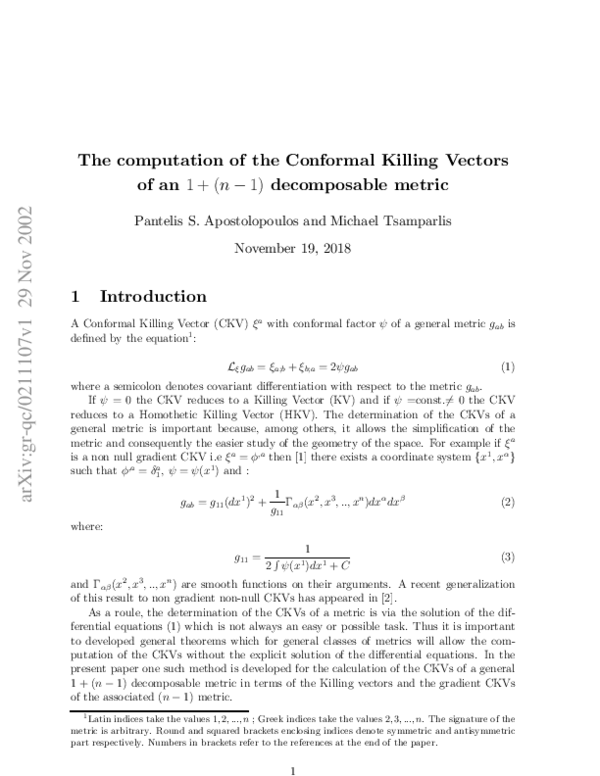 (PDF) 1 The computation of the Conformal Killing Vectors