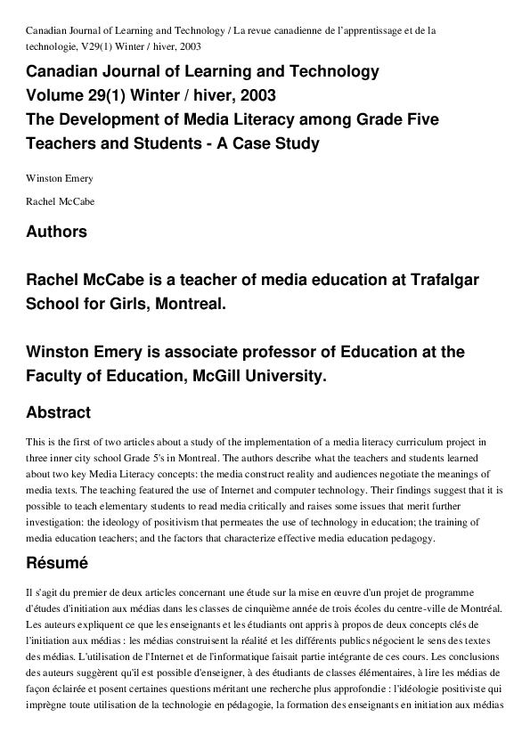 (PDF) The Development of Media Literacy among Grade Five Teachers and ...