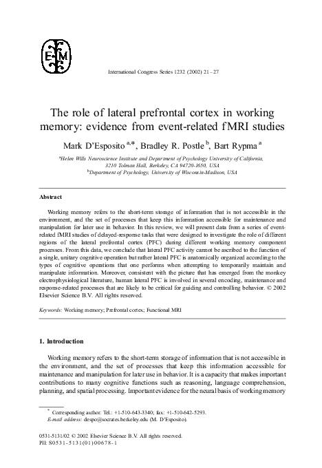 (PDF) The role of lateral prefrontal cortex in working memory: evidence from event-related fMRI ...