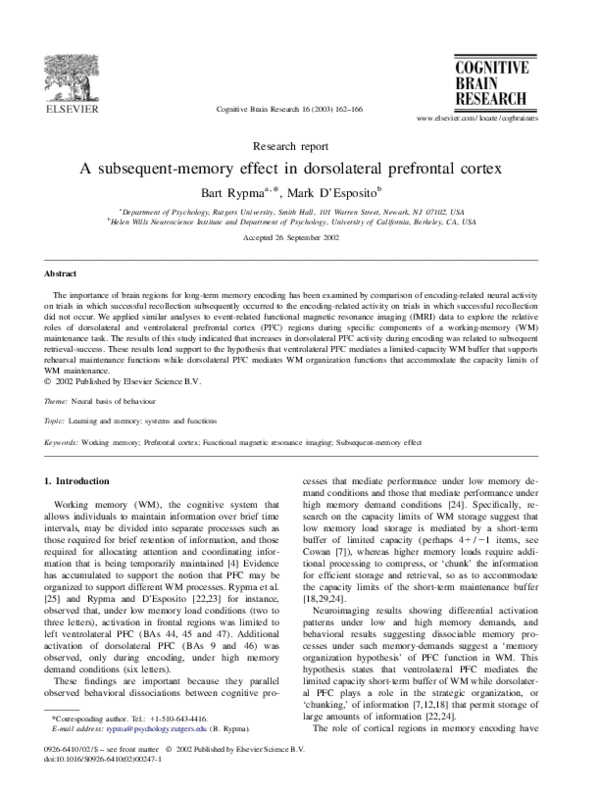 (PDF) A subsequent-memory effect in dorsolateral prefrontal cortex