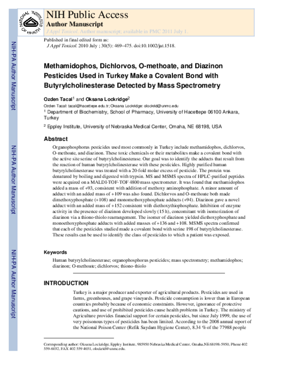 (PDF) Covalent Binding of Pesticides to Butyrylcholinesterase
