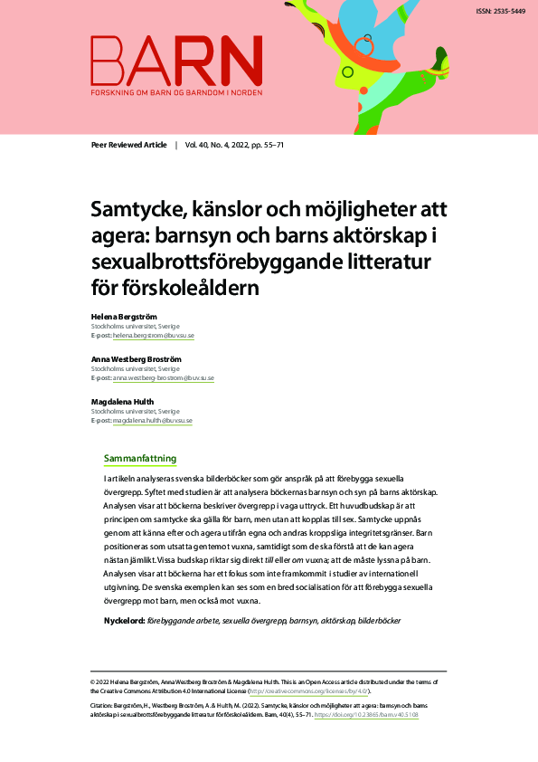 (PDF) Samtycke, känslor och möjligheter att agera: barnsyn och barns aktörskap i ...