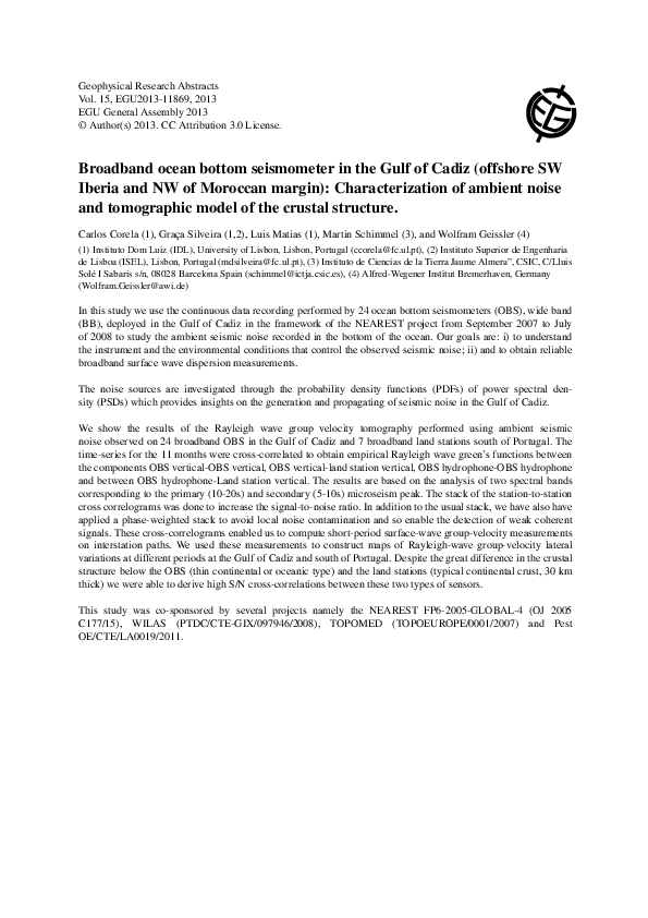 (PDF) Broadband ocean bottom seismometer in the Gulf of Cadiz (offshore SW Iberia and NW of ...
