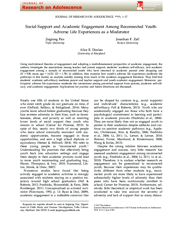 (PDF) Social Support and Academic Engagement Among Reconnected Youth ...