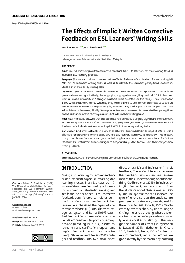 (PDF) The Effects of Implicit Written Corrective Feedback on ESL ...