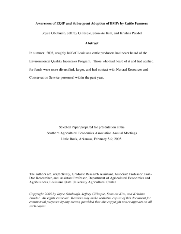 (PDF) Awareness of EQIP and Subsequent Adoption of BMPs by Cattle Farmers