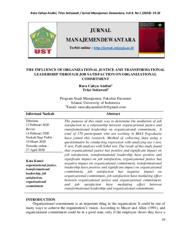 (PDF) The Influence of Organizational Justice and Transformational Leadership Through Job ...